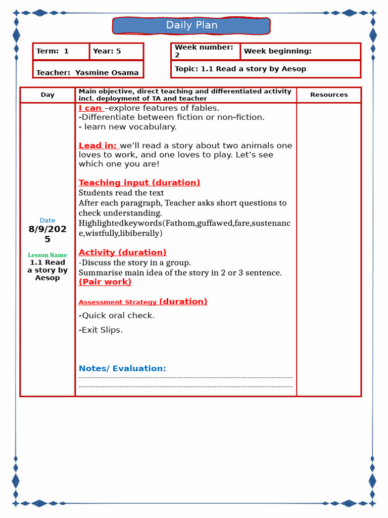 Aesop's Fables Lesson Plan for Year 5 | PDF