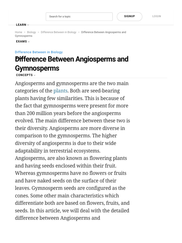 Difference Between Angiosperms and Gymnosperms | PDF | Sexual Reproduction | Fruit