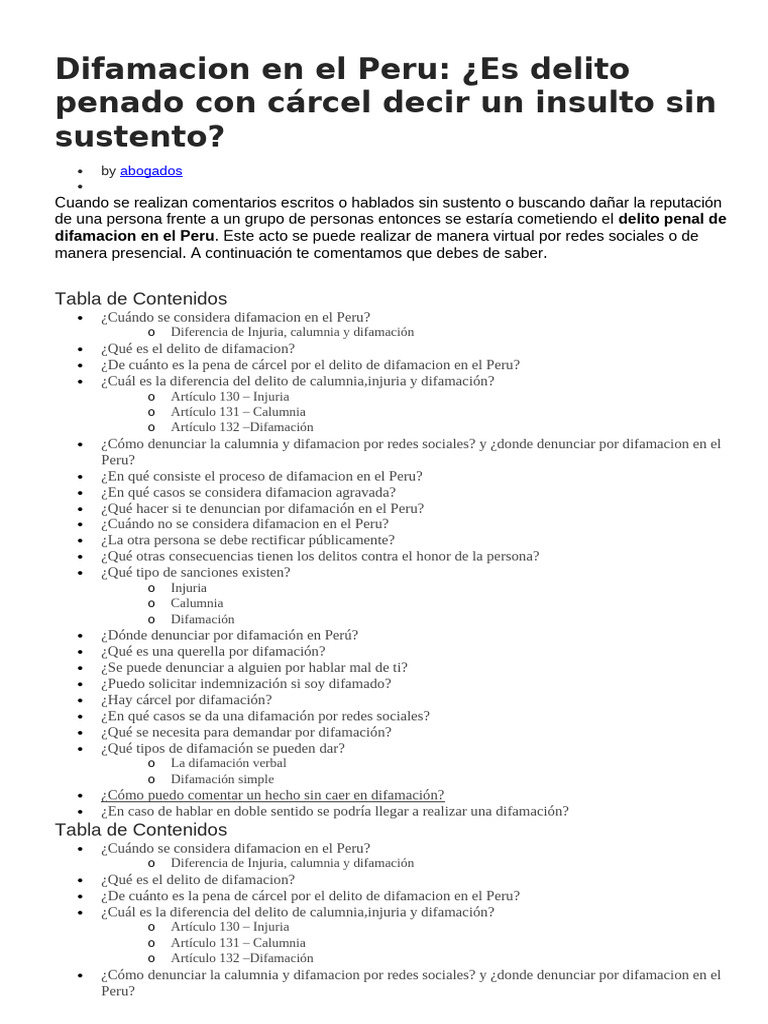 Difamacion en El Peru | PDF | Daños y perjuicios | Castigos