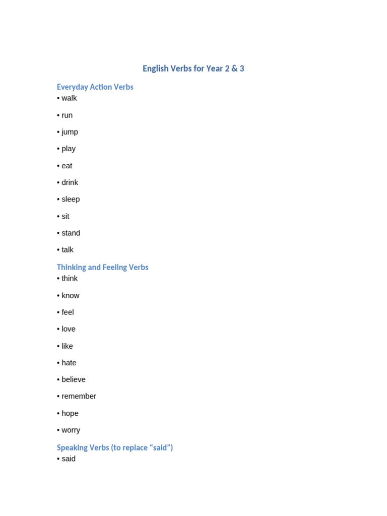 English Verbs For Year 2 & 3 | PDF