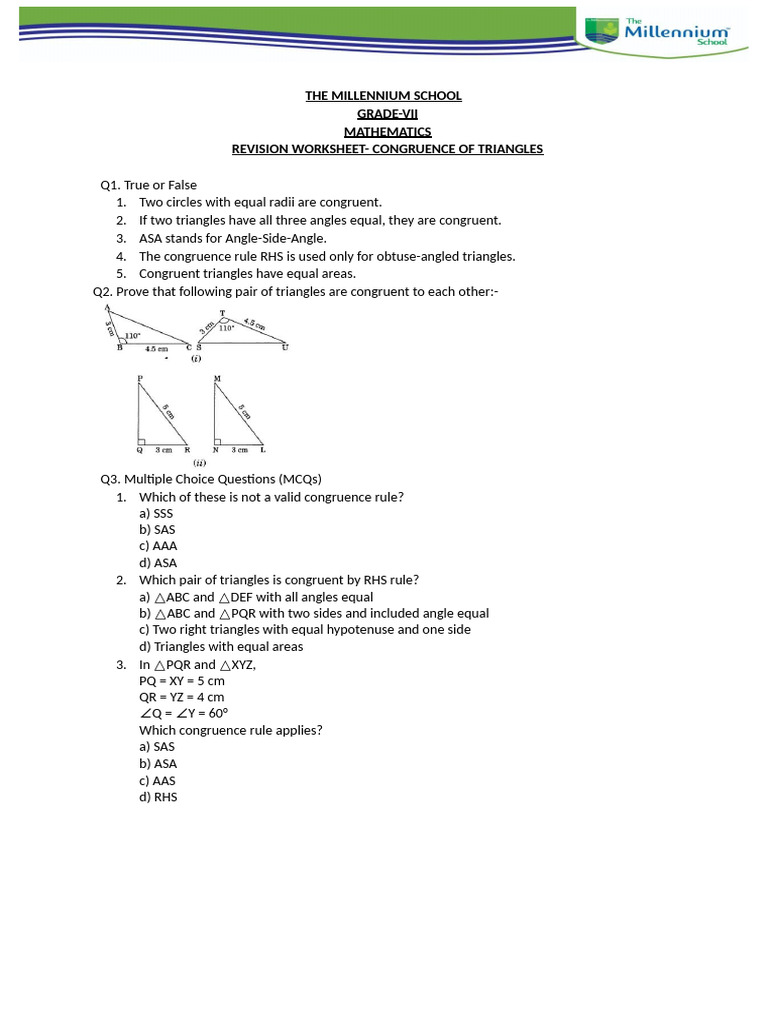 Grade VII Math: Triangle Congruence Worksheet | PDF