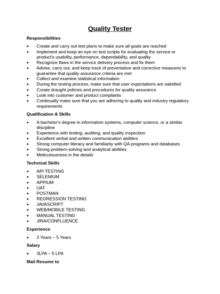 Quality Tester Job Description & Skills | PDF