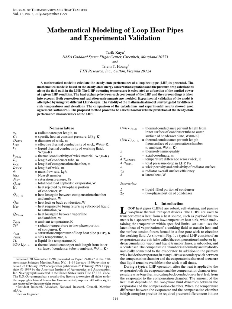 Mathematical Modeling of Loop Heat Pipes and Experimental Validation ...