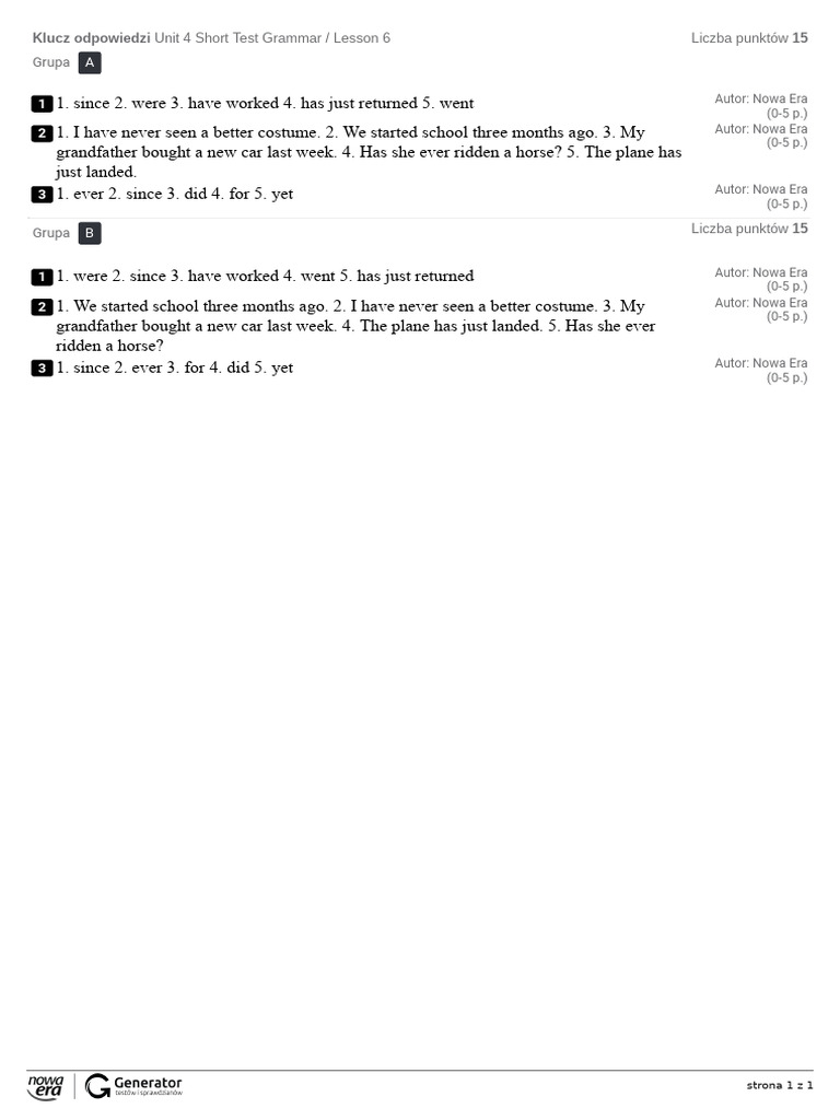 Unit 4 Grammar Test Answer Key | PDF