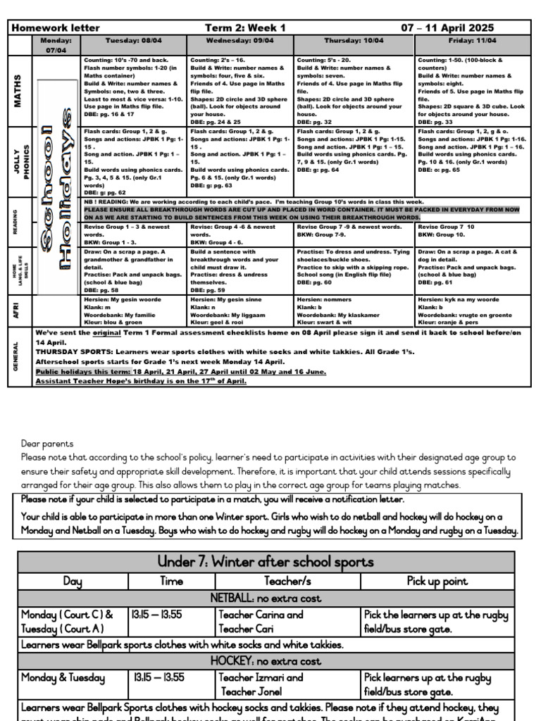 Grade 1 Homework Overview: Term 2 Week 1 | PDF