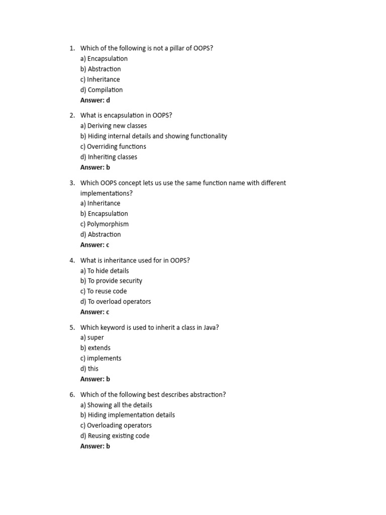 Multiple Choice Qns For Interview | PDF | Inheritance (Object Oriented Programming) | Method ...