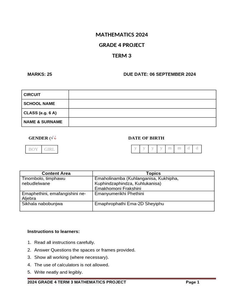 Siswati Grade 4 Mathematics Project Term 3 2024 051352 | PDF | Mathematics