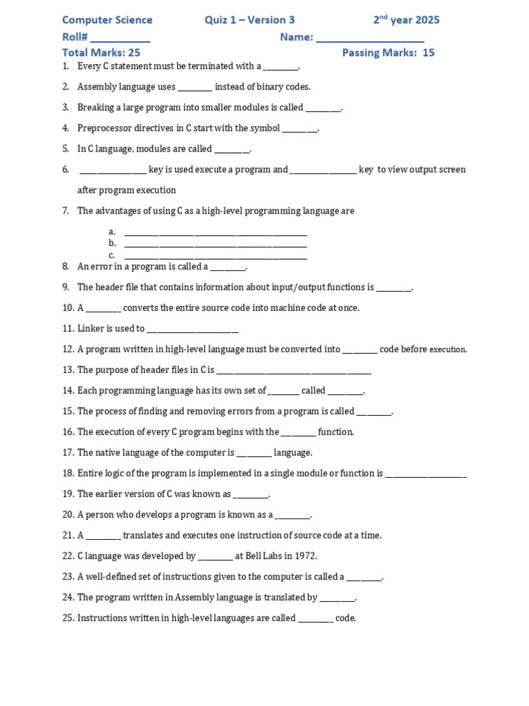 Computer Science C Programming Quiz | PDF