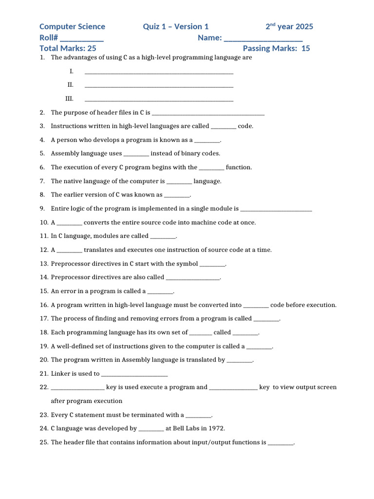 C Programming Quiz for 2nd Year Students | PDF
