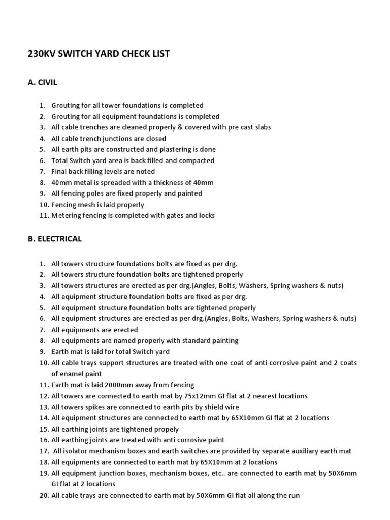 230KV Switch Yard Checklist | PDF