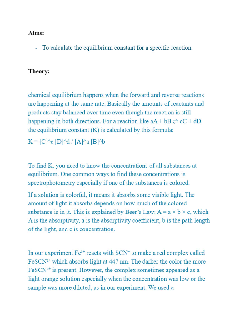 Chemical Equilibrium, Chemical Equilibrium experiment | PDF | Chemical ...