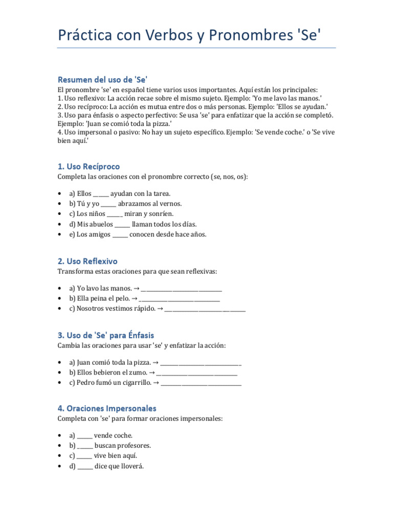 Practica Verbos Con Se Con Respuestas | PDF