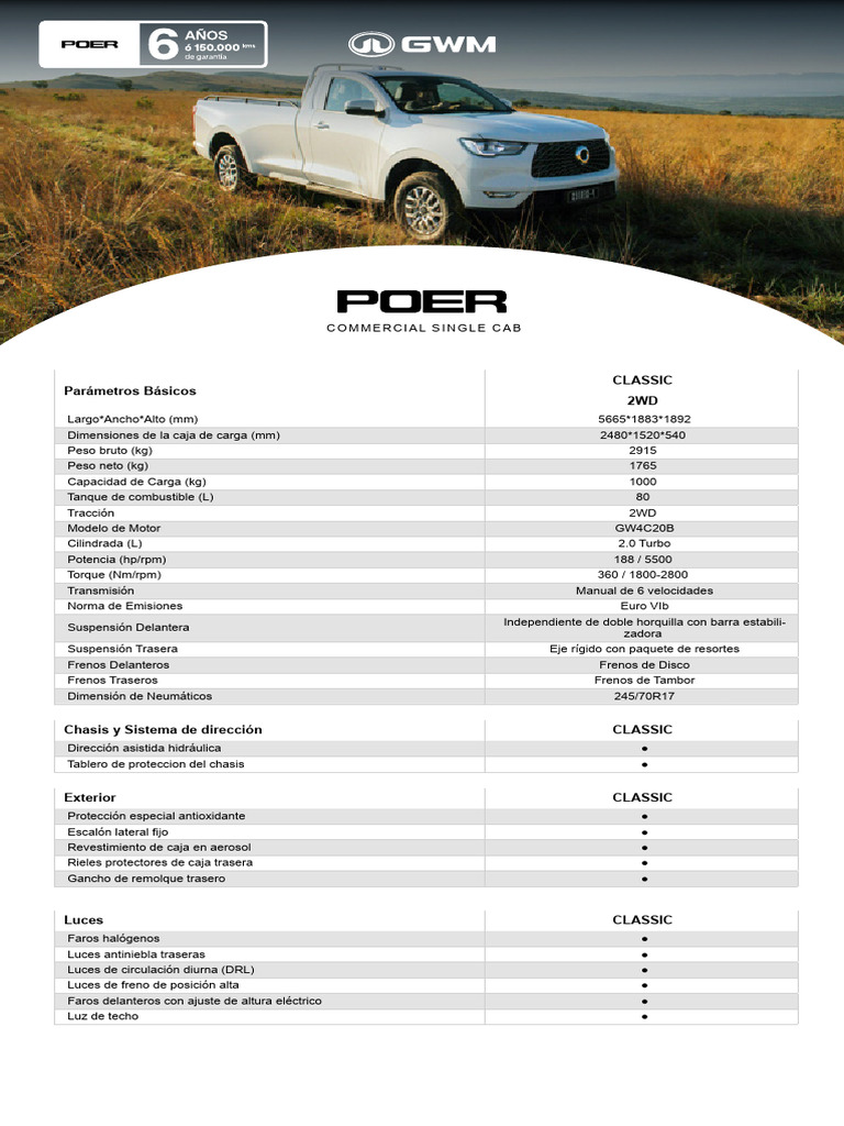 Fichas Tecnicas GWM POER Commercial Single Cab | PDF | Vehículo de ...