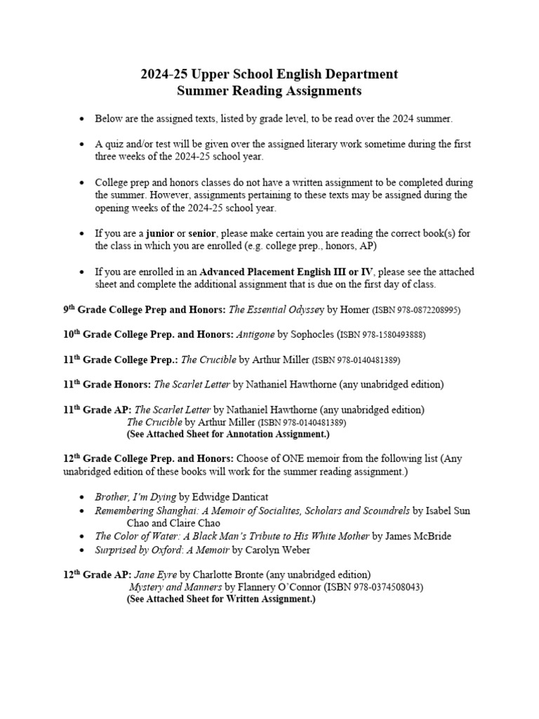 PC 2024-25 Summer Reading Assignments 9th-12th Grade | PDF | Essays ...
