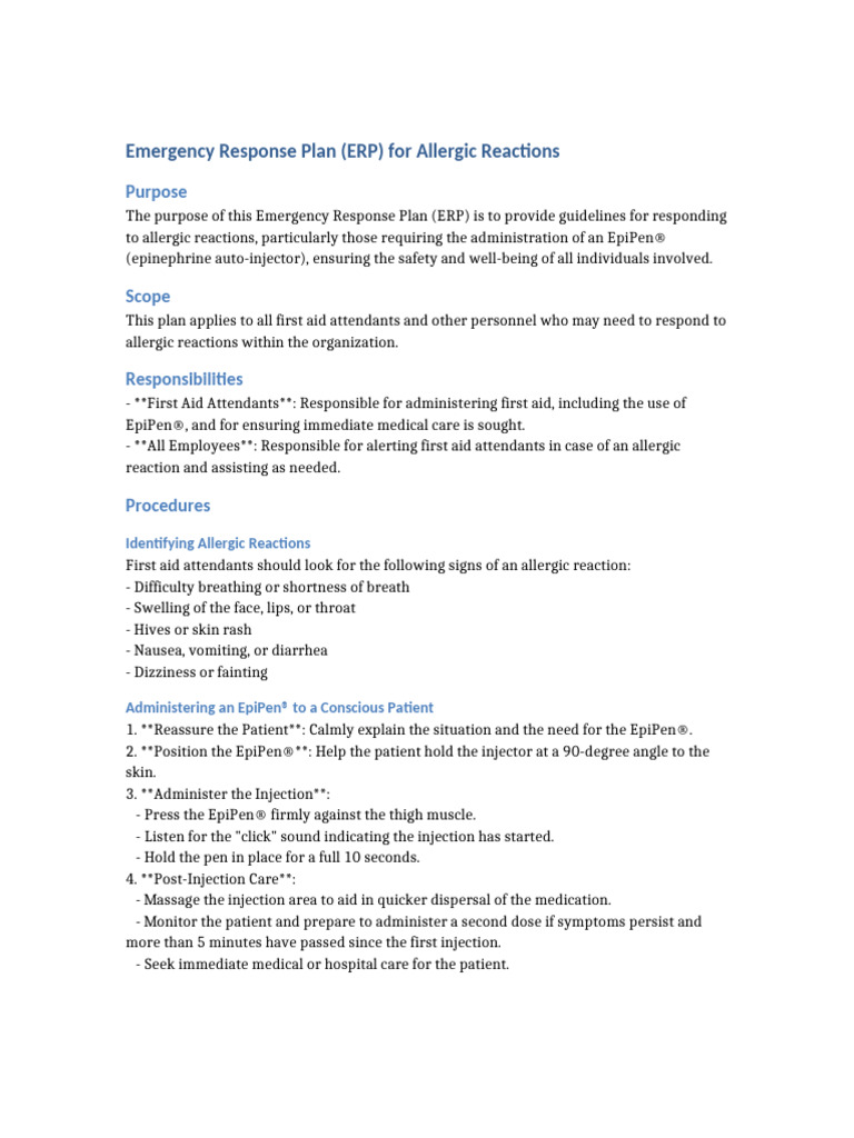 Emergency Response Plan Allergic Reactions | PDF | Epinephrine ...