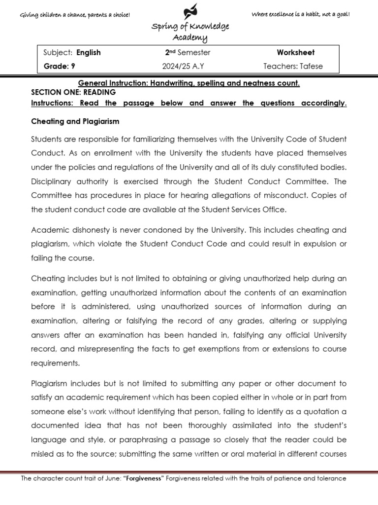 Grade 9 English Worksheet | PDF | Academic Dishonesty | Linguistics