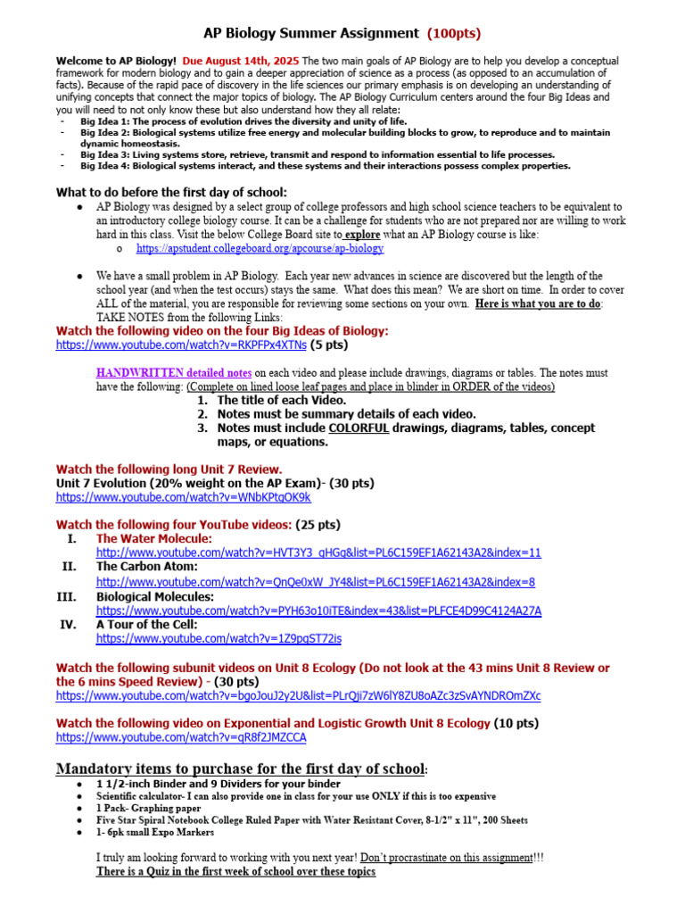 AP Biology Summer Assignment Overview | PDF | Biology | Science