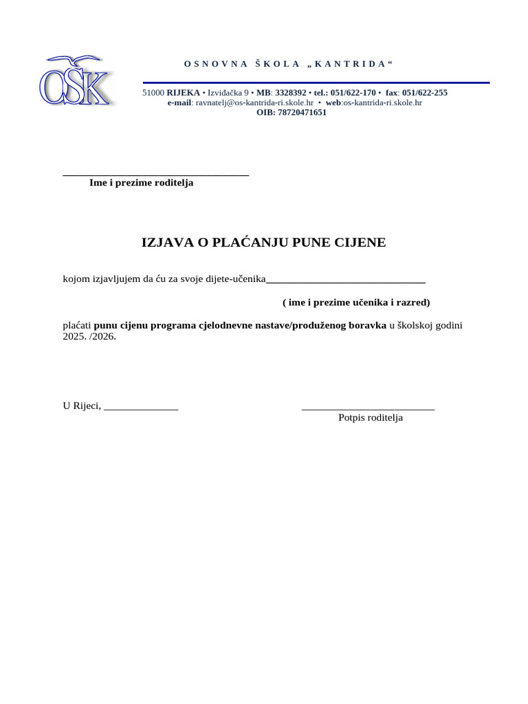 Izjava o Placanju Pune Cijene 2025.2026 | PDF