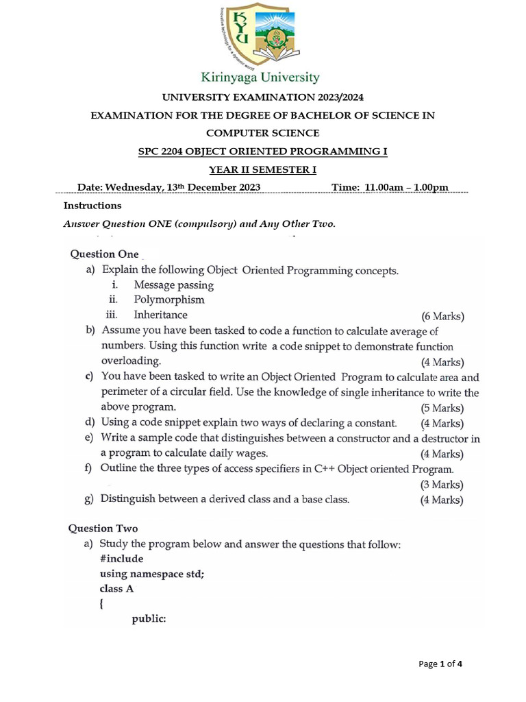 SPC 2204 Object Oriented Programming I Year 1 Sem1 | PDF