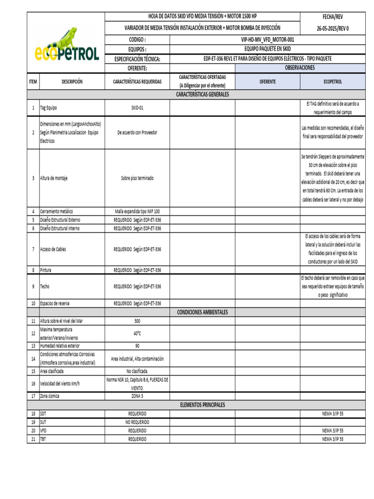 Especificaciones Técnicas Skid VFD 1500 HP | PDF | Transformador | voltaje