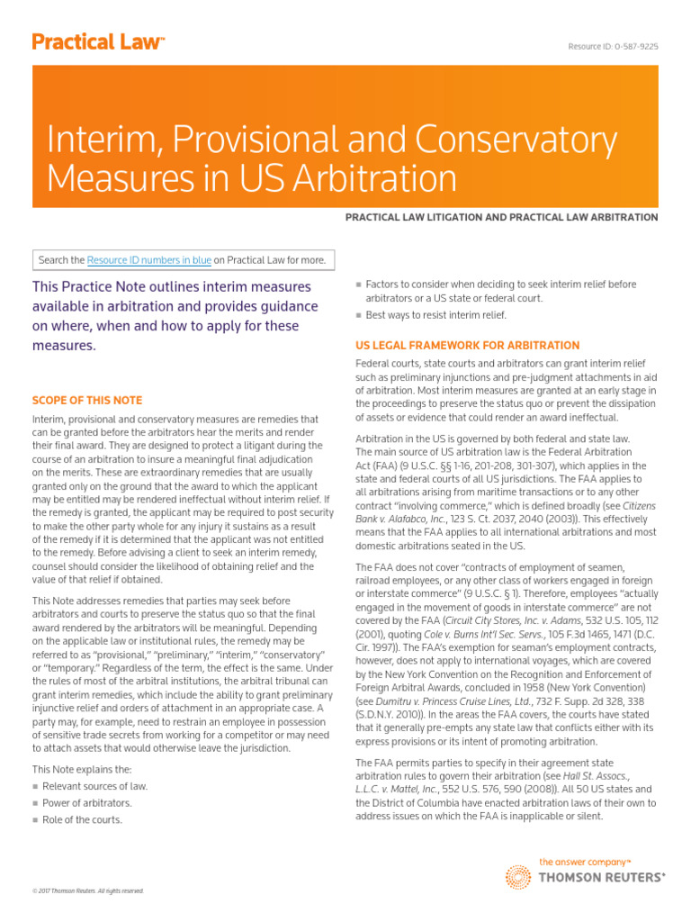 US Arbitration Interim Measures Guide | PDF | Arbitration | Injunction