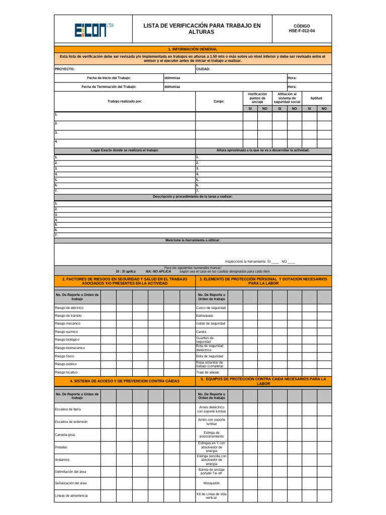 HSE-F-012-04 Lista de Verificación para Trabajo en Alturas | PDF