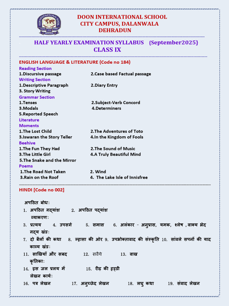 Circular 20250905111558 Class Ix X Half Yearly Syllabus | PDF | Equations | Geometry