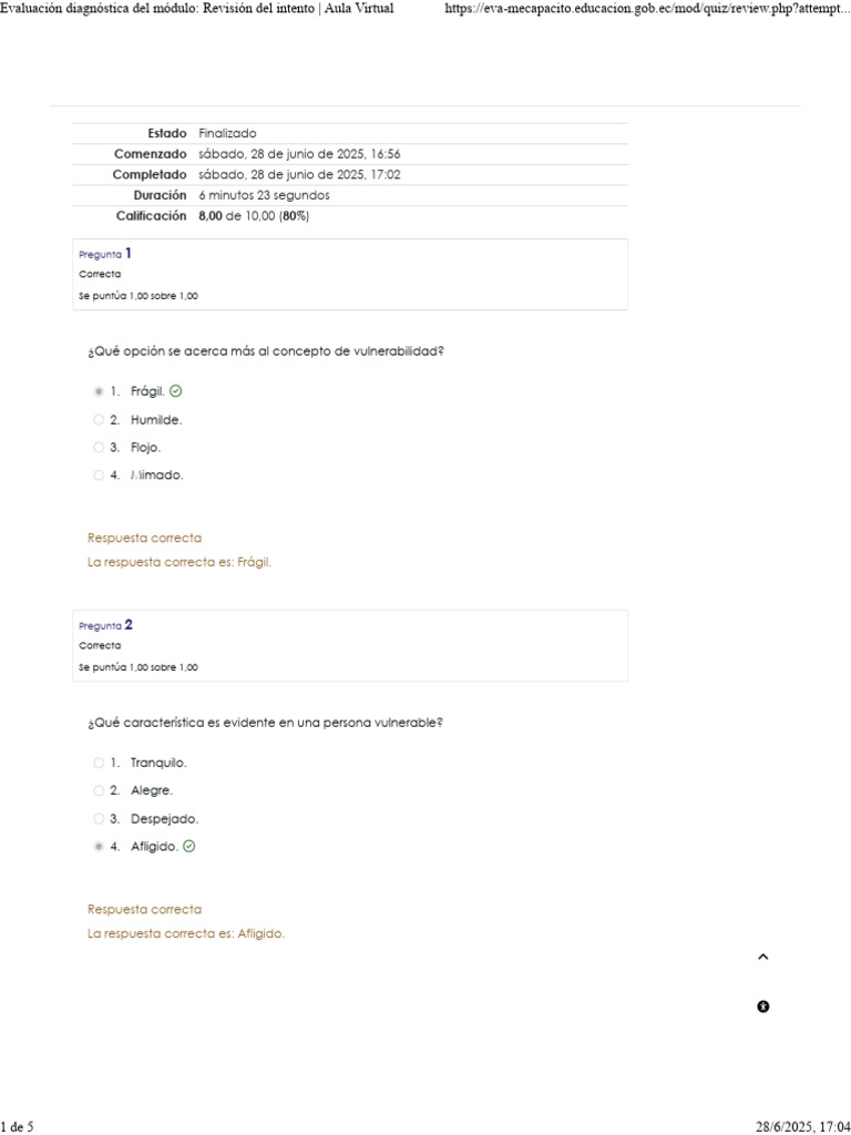 Evaluación diagnóstica del módulo_ Revisión del intento _ Aula Virtual 2 | PDF | Exclusión social