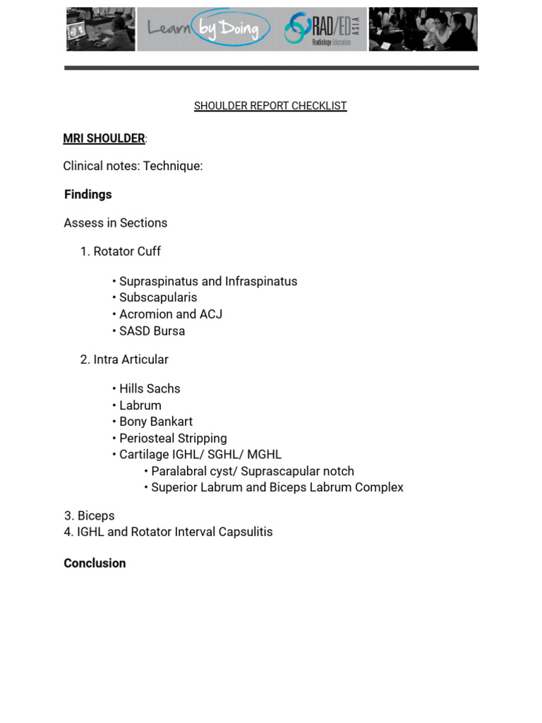 Shoulder MRI Report Checklist Radedasia | PDF