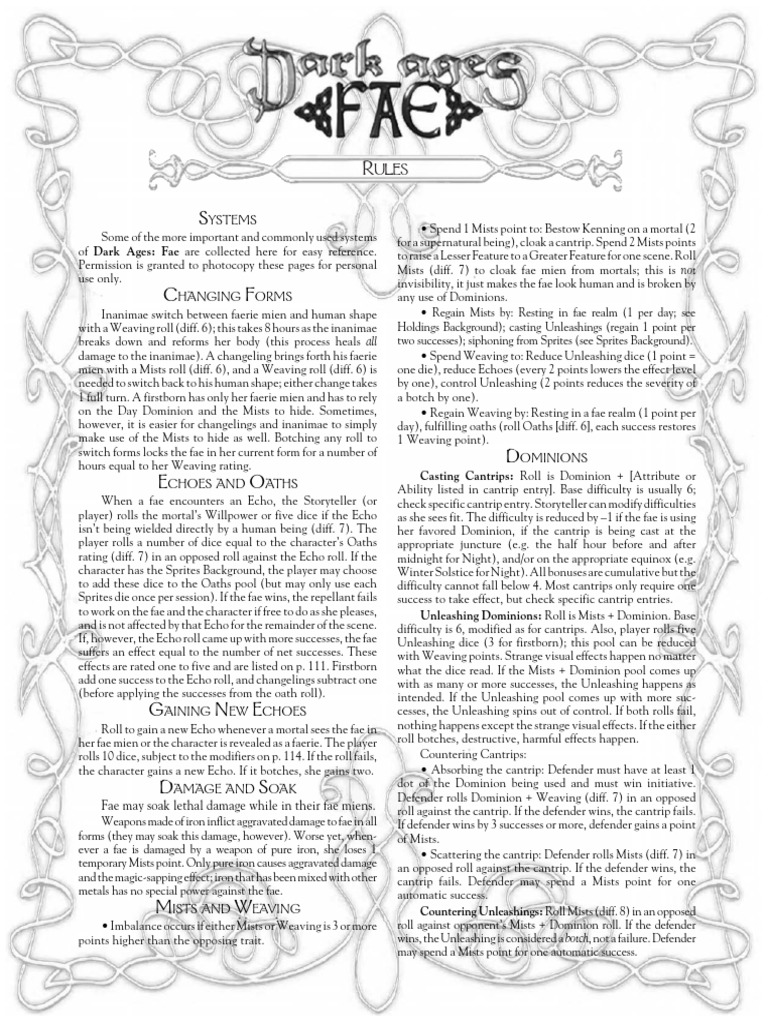 DA Fae RulesSheet | PDF | Fairies