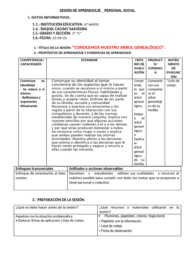 Sesion-De-Aprendizaje-Elaboramos-Nuestro-Arbol-Geneaogico 15-09 | PDF | Aprendizaje ...