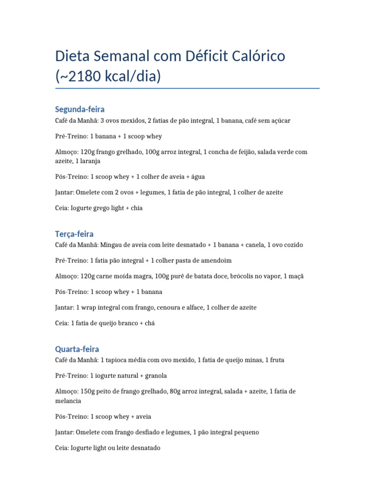 Dieta Semanal Deficit Calorico | PDF | Banana | Culinária