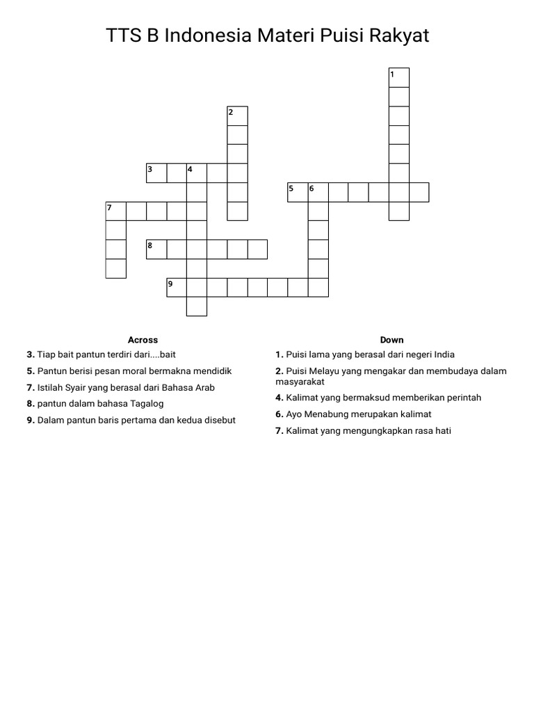 TTS B Indonesia Materi Puisi Rakyat - Crossword Labs | PDF