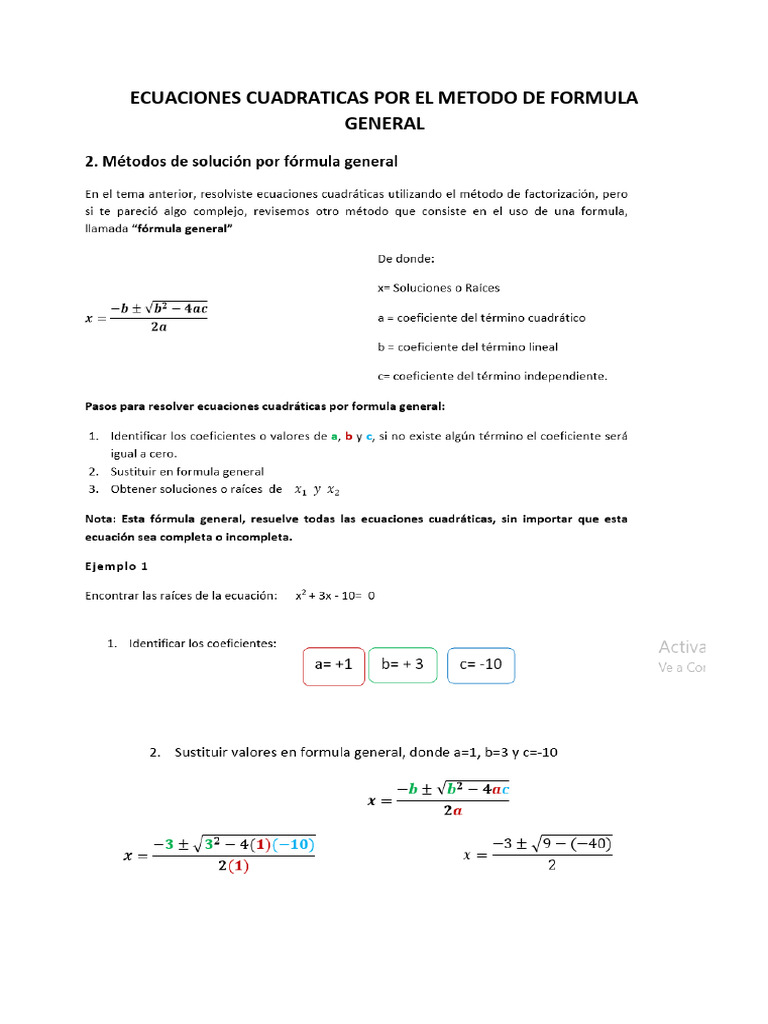 Ecuaciones Cuadraticas Por El Metodo de Formula General | PDF