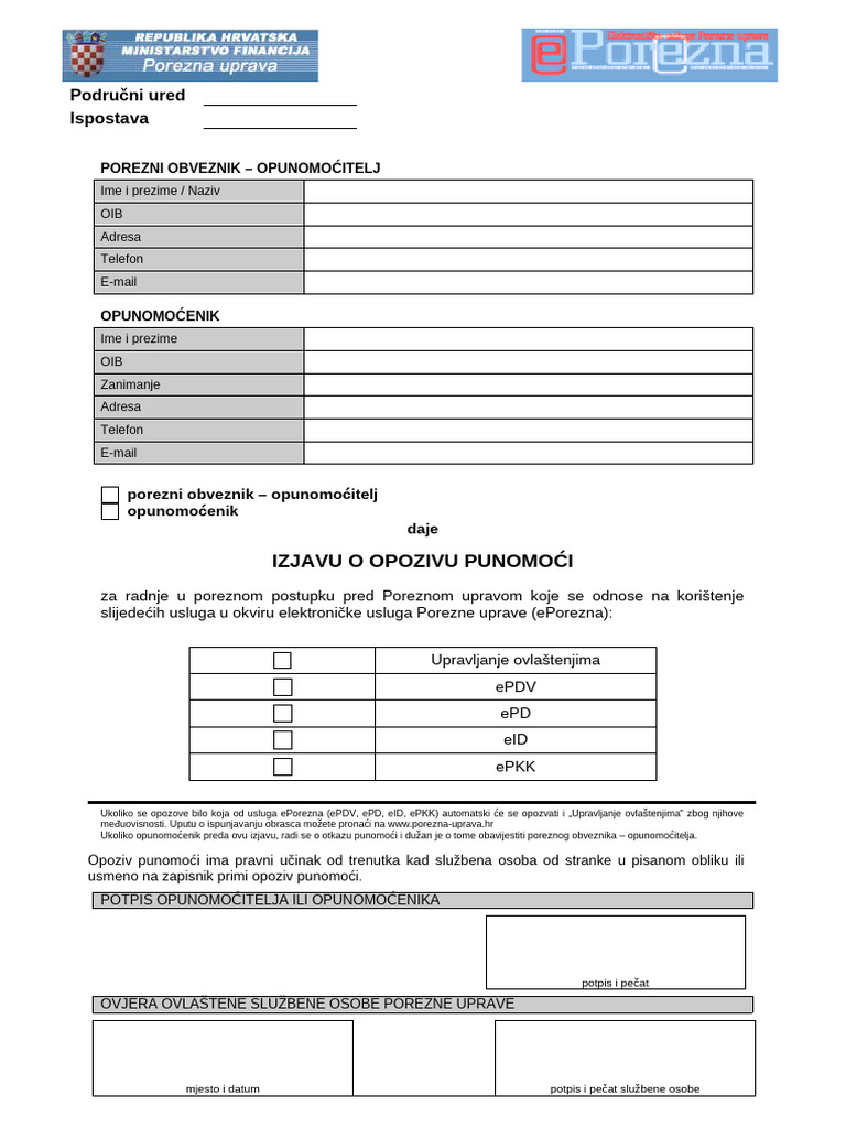 Izjava o Opozivu Punomoći | PDF