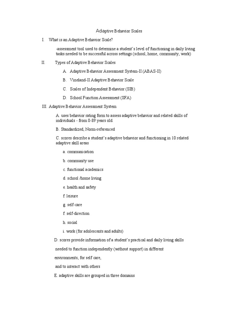 Adaptive Behavior Scale Outline | PDF | Quality Of Life | Behavioural ...