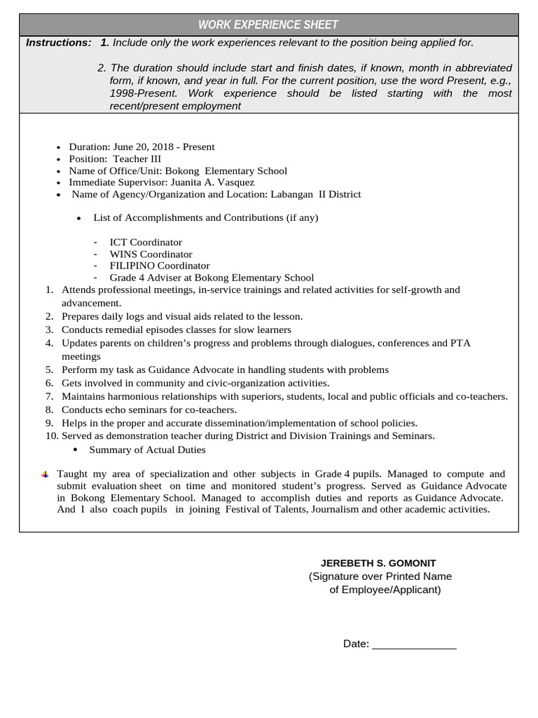 Work Experience Sheet for Master Teacher 1 | PDF | Teachers