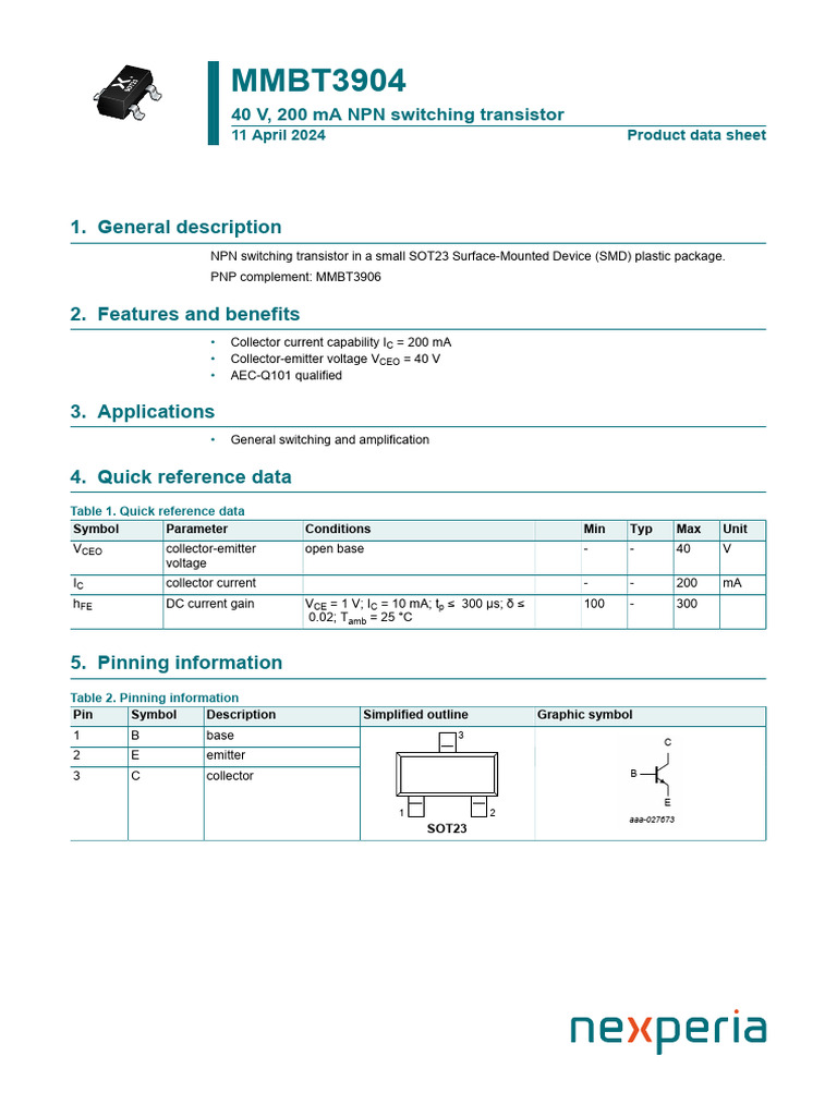 MMBT3904 NPN Transistor Data Sheet | PDF | Bipolar Junction Transistor ...