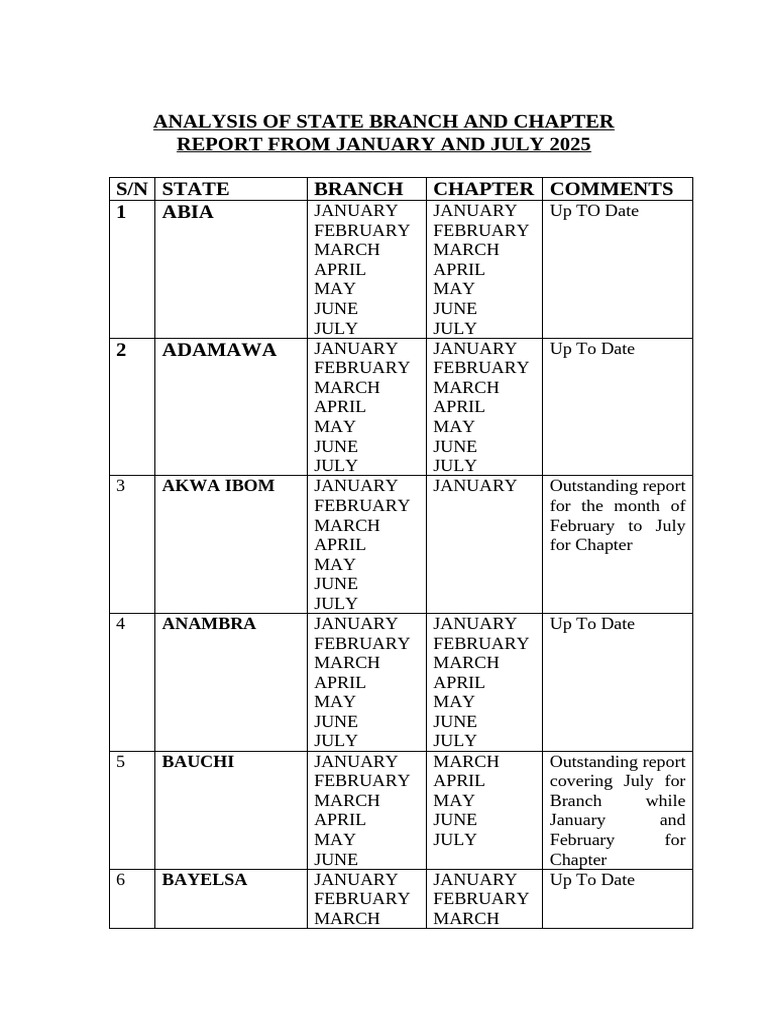 Report Analysis For Branch and Chapter From Jan To July | PDF