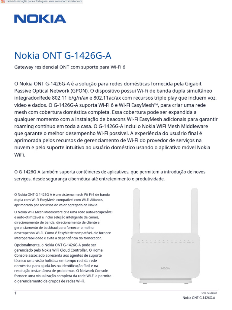 Especificações do Nokia ONT G-1426G-A | PDF | Wi-Fi | Rede de computadores