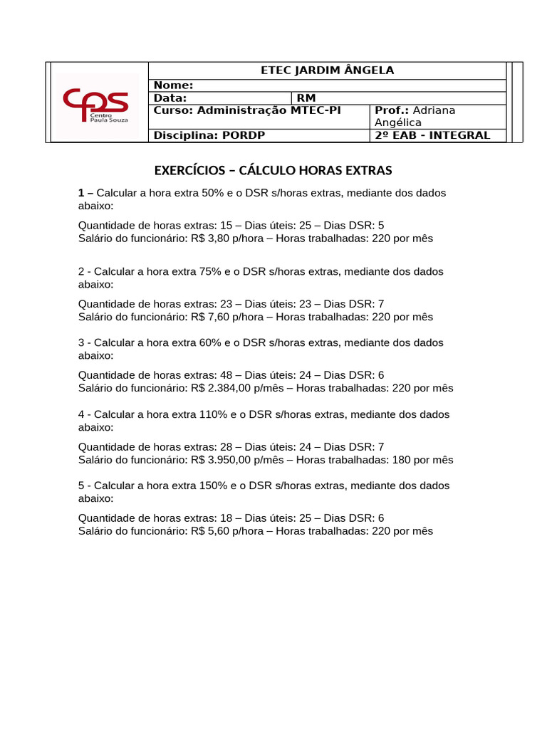 Exercícios - Hora Extra | PDF