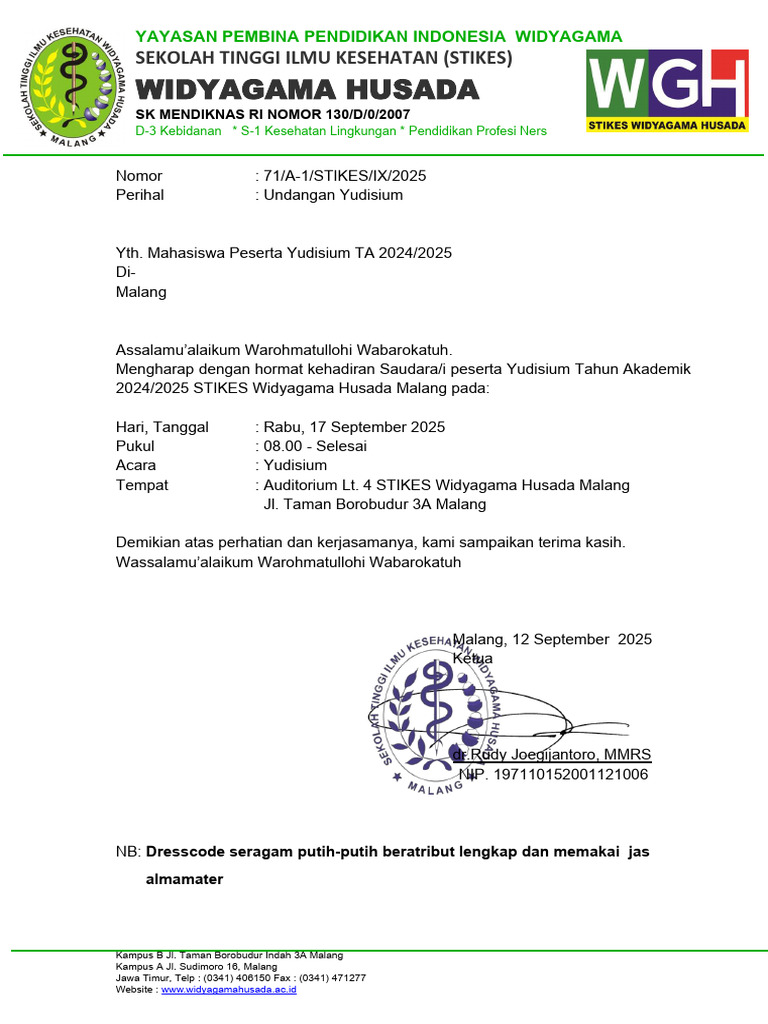 Undangan Yudisium STIKES Widyagama 2025 | PDF