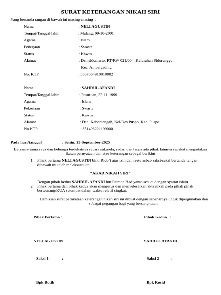 Surat Keterangan Nikah Siri | PDF