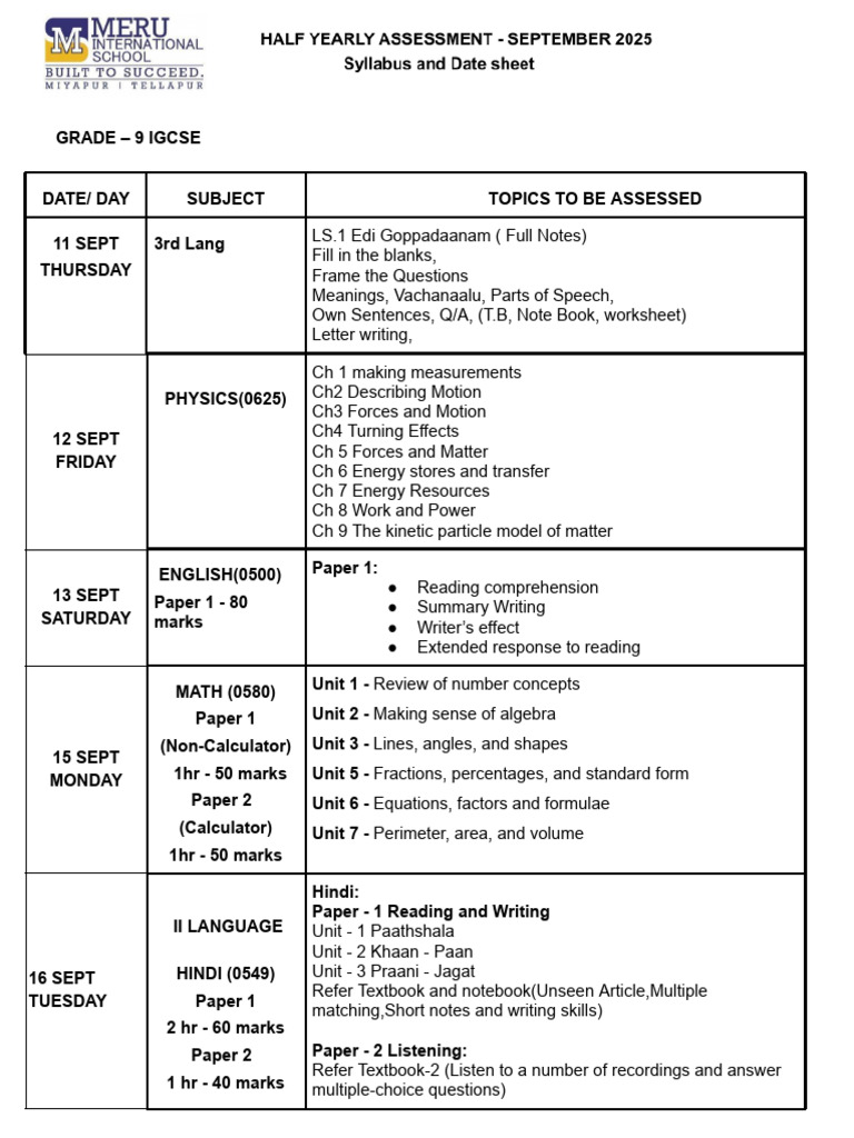 Grade-9 Igcse- Half Yearly Assessment-syllabus and Date Sheet - Sept ...