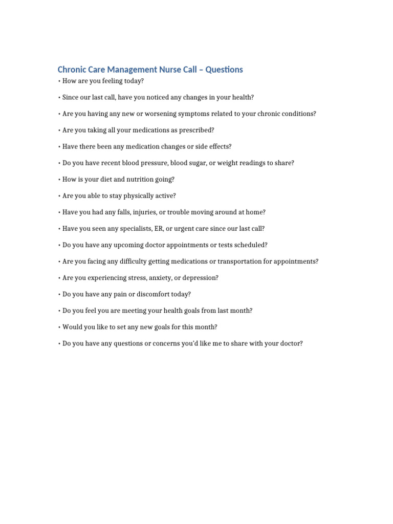 Chronic Care Management Nurse Call Guide | PDF