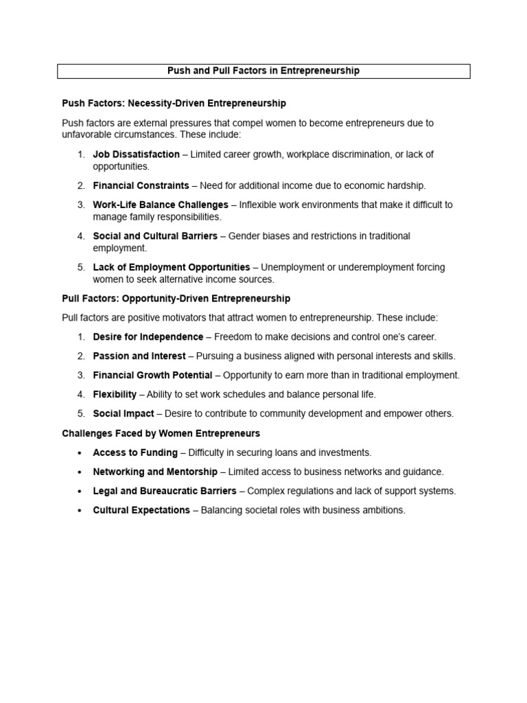 Push and Pull Factors in Women's Entrepreneurship | PDF