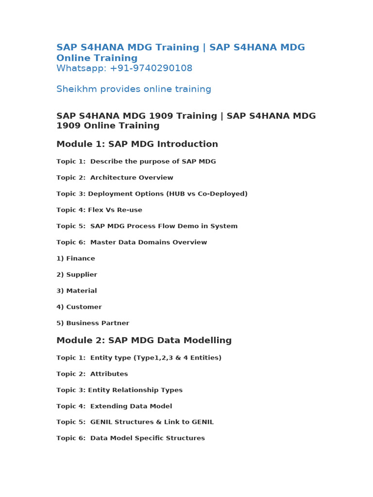 SAP S/4HANA MDG Training Overview | PDF | Data Model | Systems Engineering