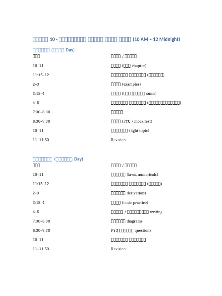 Class10 Weekly Timetable | PDF