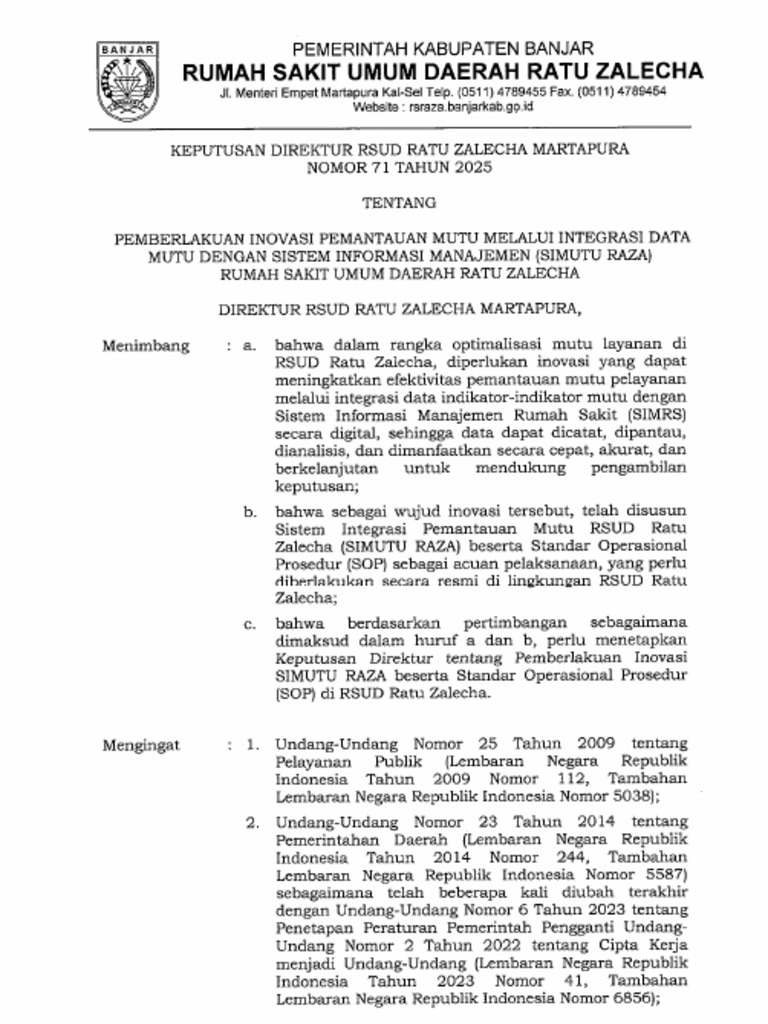SK Direktur No 71 Tahun 2025 - Pemberlakuan Inovasi SPO SIMUTU | PDF