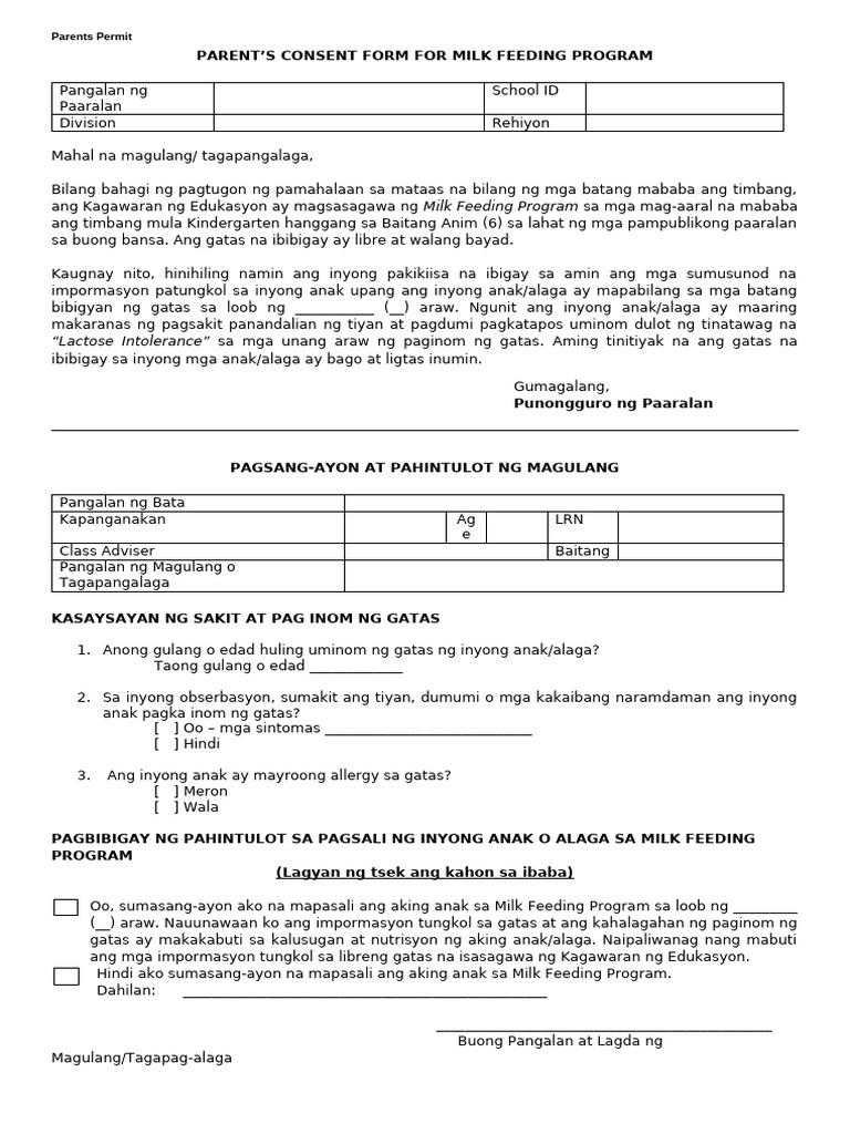 SBFP Form 8 Parents Cosent Form For Milk Feeding | PDF